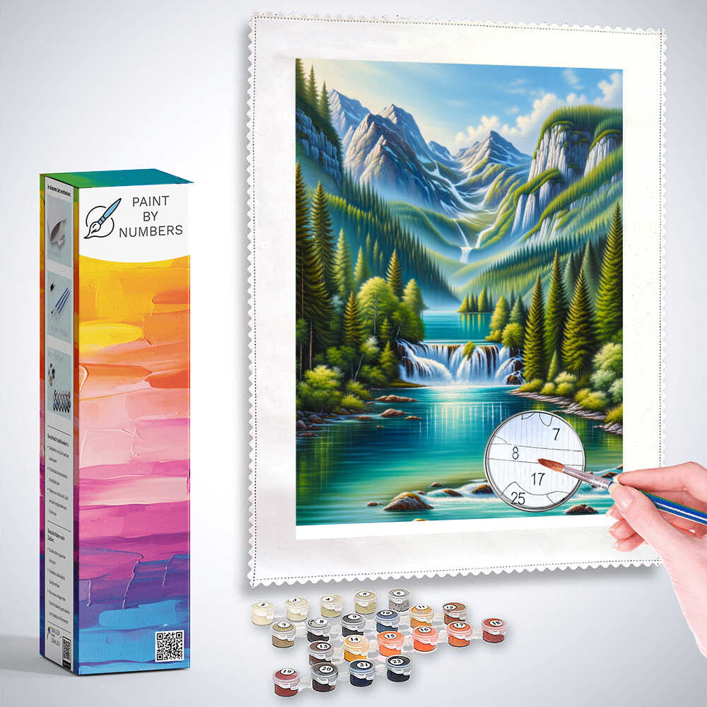 Paint by Numbers - Mountain Lake with Waterfall – DIY Paint by Numbers