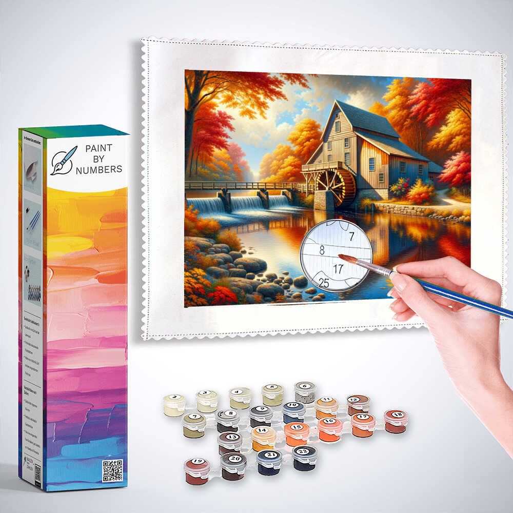 Water mill on the river - Paint by Numbers – DIY Paint by Numbers